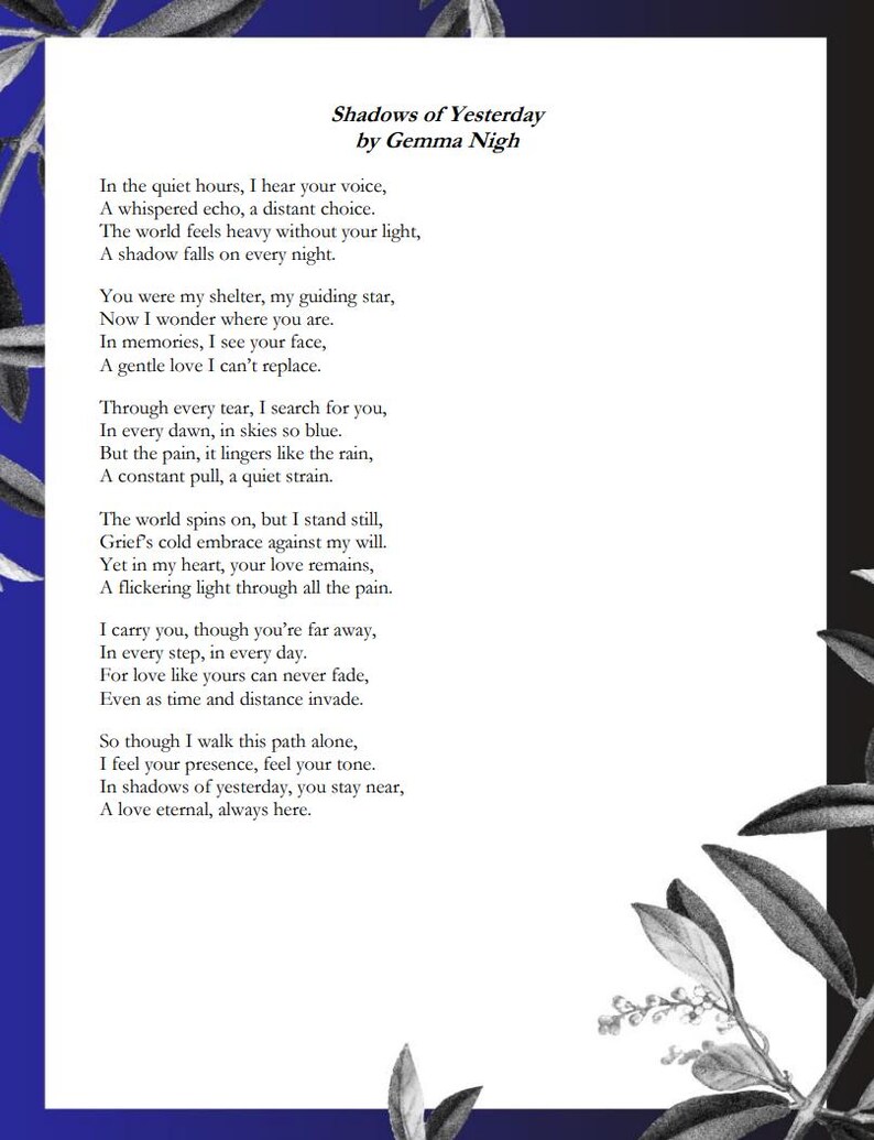 Shadows of Yesterday Grief and Loss Poem PDF Print by Gemma Nigh - Etsy