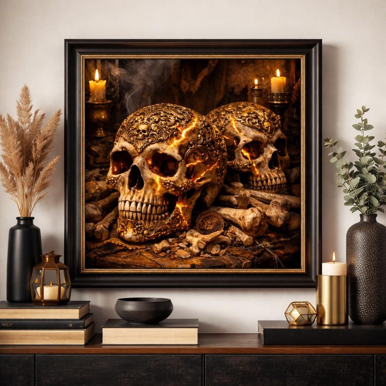 Gilded Remnants of Eternity Wall Art | Dark Gothic Skull Art Print ...