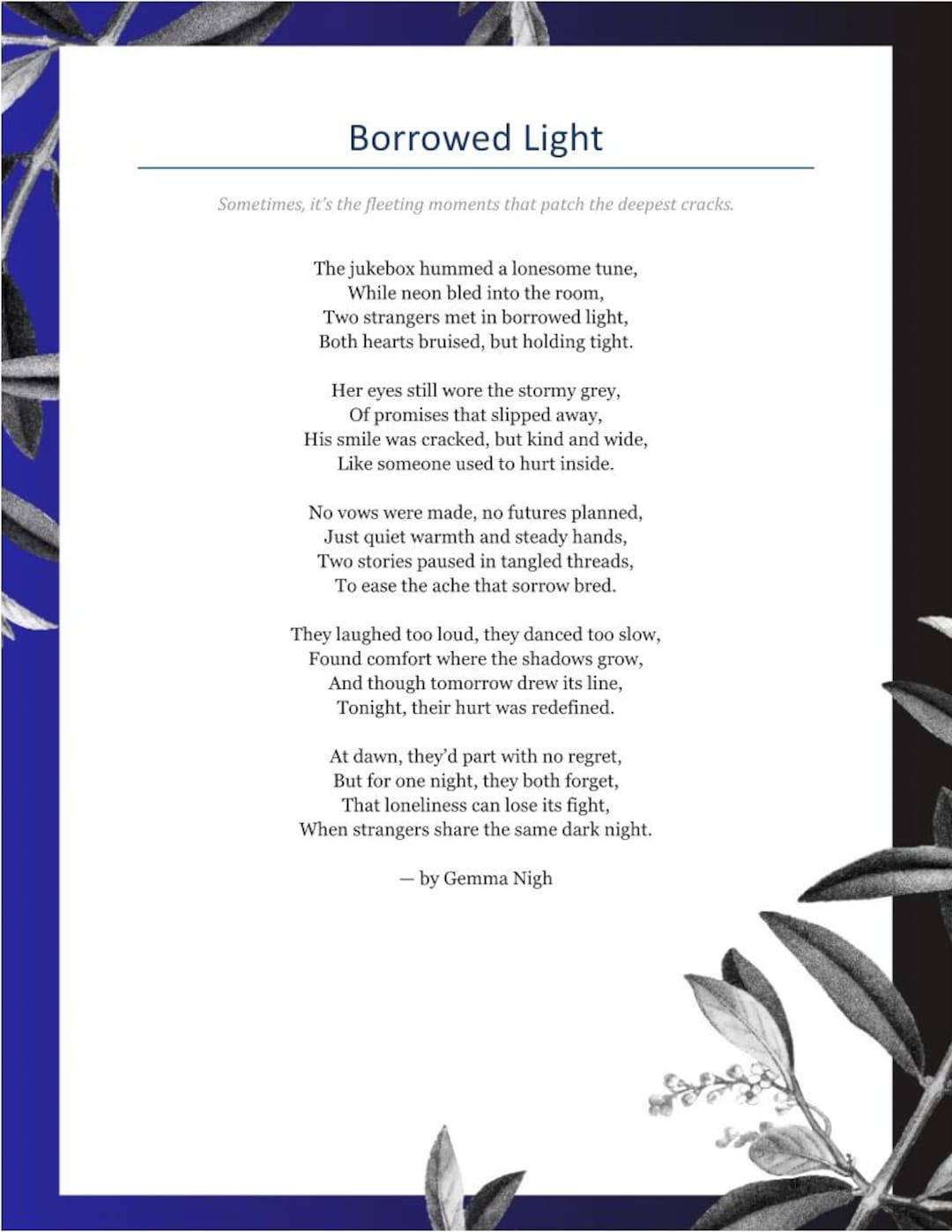 Borrowed Light Minimalist Printable Poem Original Poetry by Gemma Nigh ...