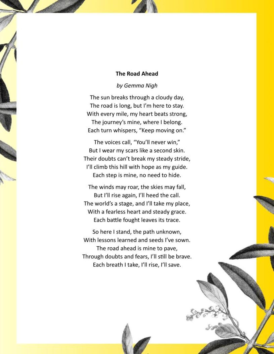 The Road Ahead Poem by Gemma Nigh Digital Download Motivational and ...
