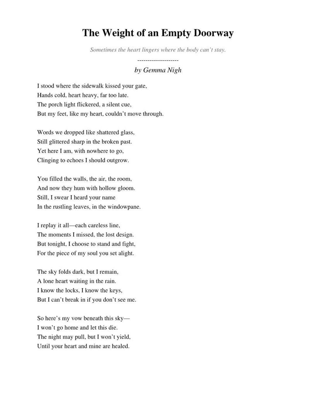 Printable Poem PDF – “the Weight of an Empty Doorway” by Gemma Nigh ...