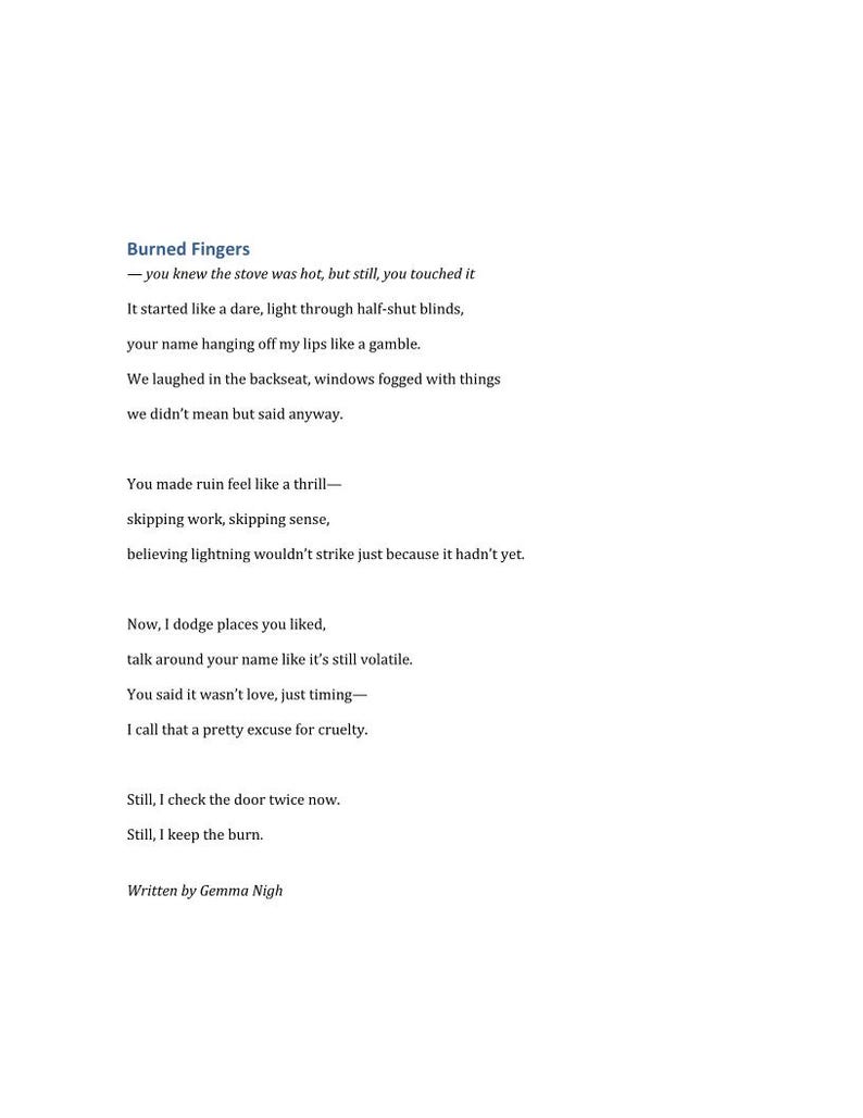 Burned Fingers Poem Print – Love & Longing – Emotional Modern Poetry ...