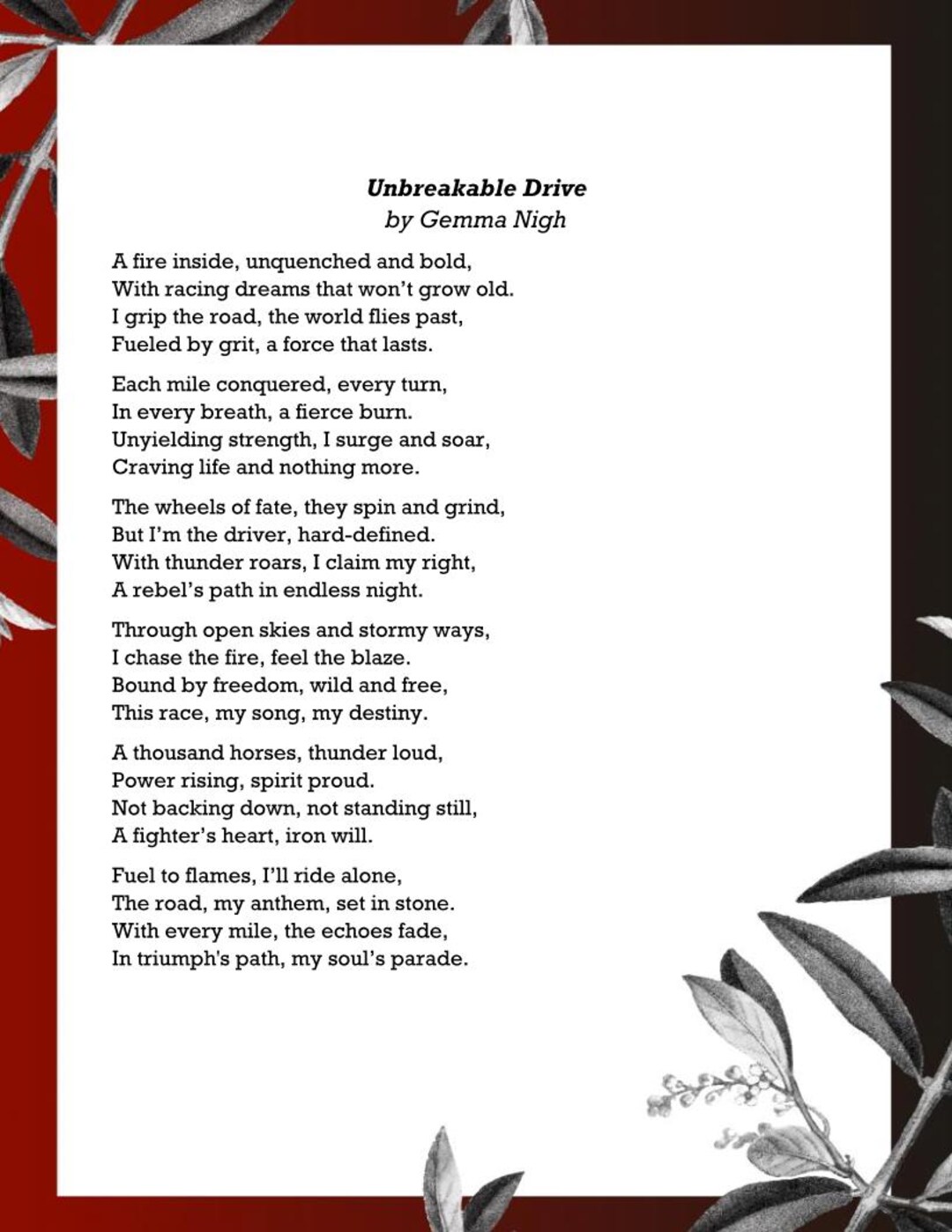 Unbreakable Drive Poem on Courage and Resilience by Gemma Nigh Digital ...