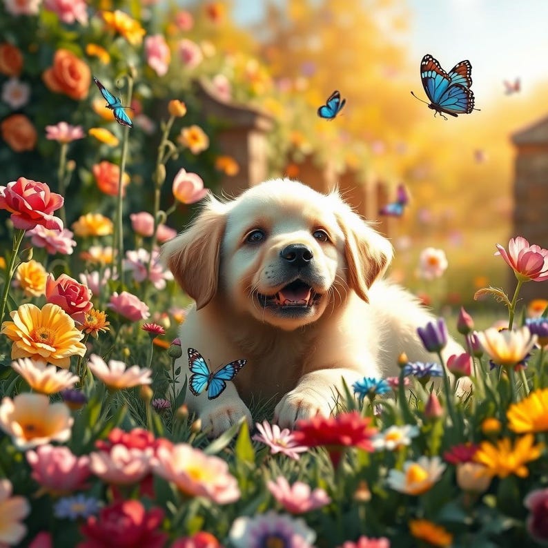 Meadow of Joy Clipart | Puppy and Flowers Art | 3000x3000, 1500x1500 ...