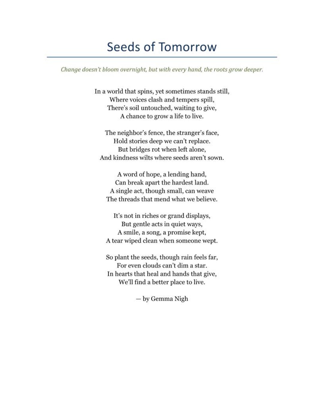 Seeds of Tomorrow Minimalist Inspirational Poem Print Kindness Quote ...