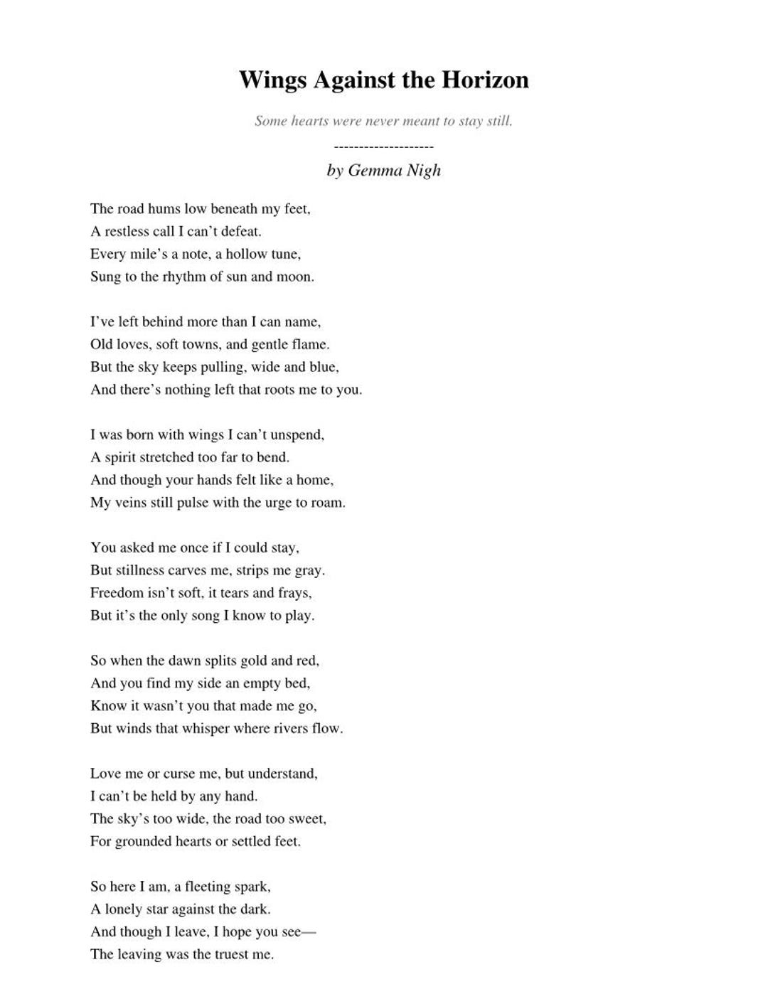 Printable Poem PDF – “wings Against the Horizon” by Gemma Nigh ...
