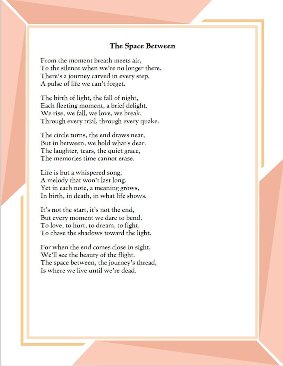The Space Between Poem on Life, Time, and Reflection Digital PDF ...