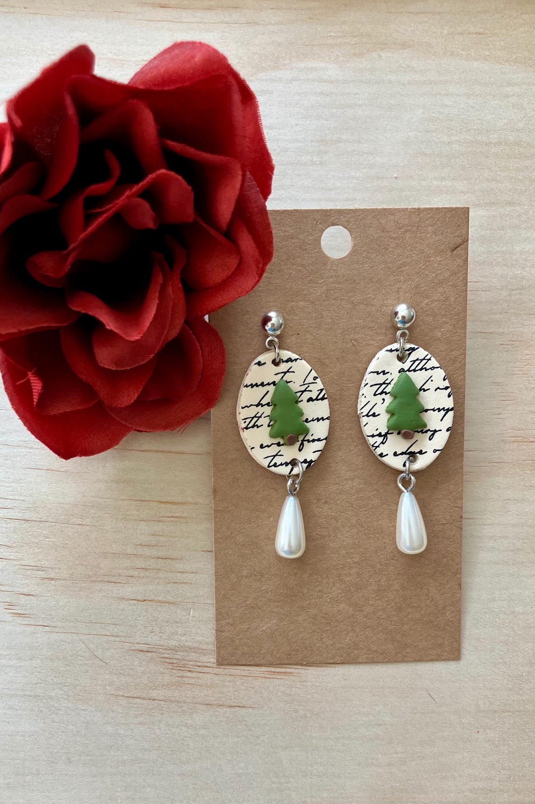 Vintage Script Christmas Tree and Pearl Holiday Earrings - Etsy