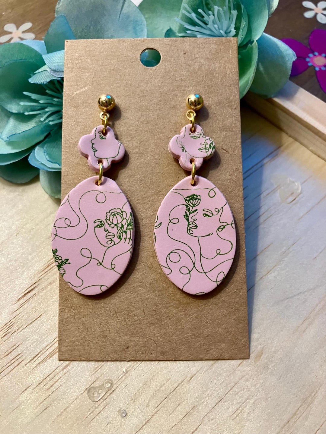 Light Pink Ovals With Green Face Outline Earrings - Etsy