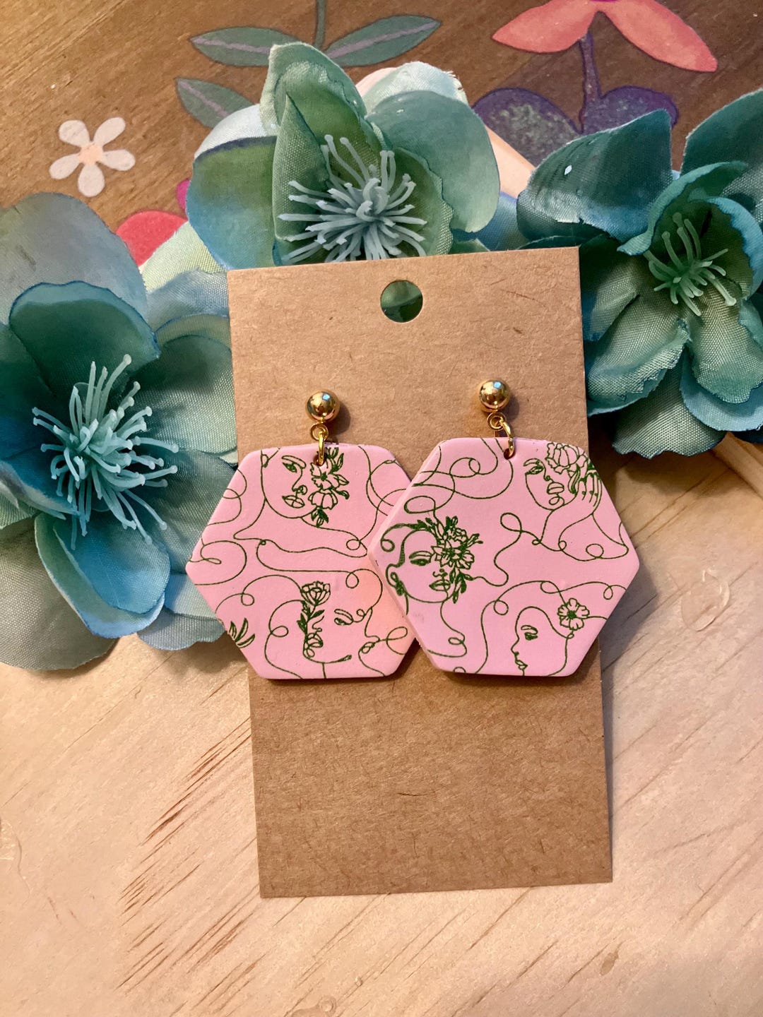 Light Pink Hexagons With Green Fine Line Face Outline Earrings - Etsy
