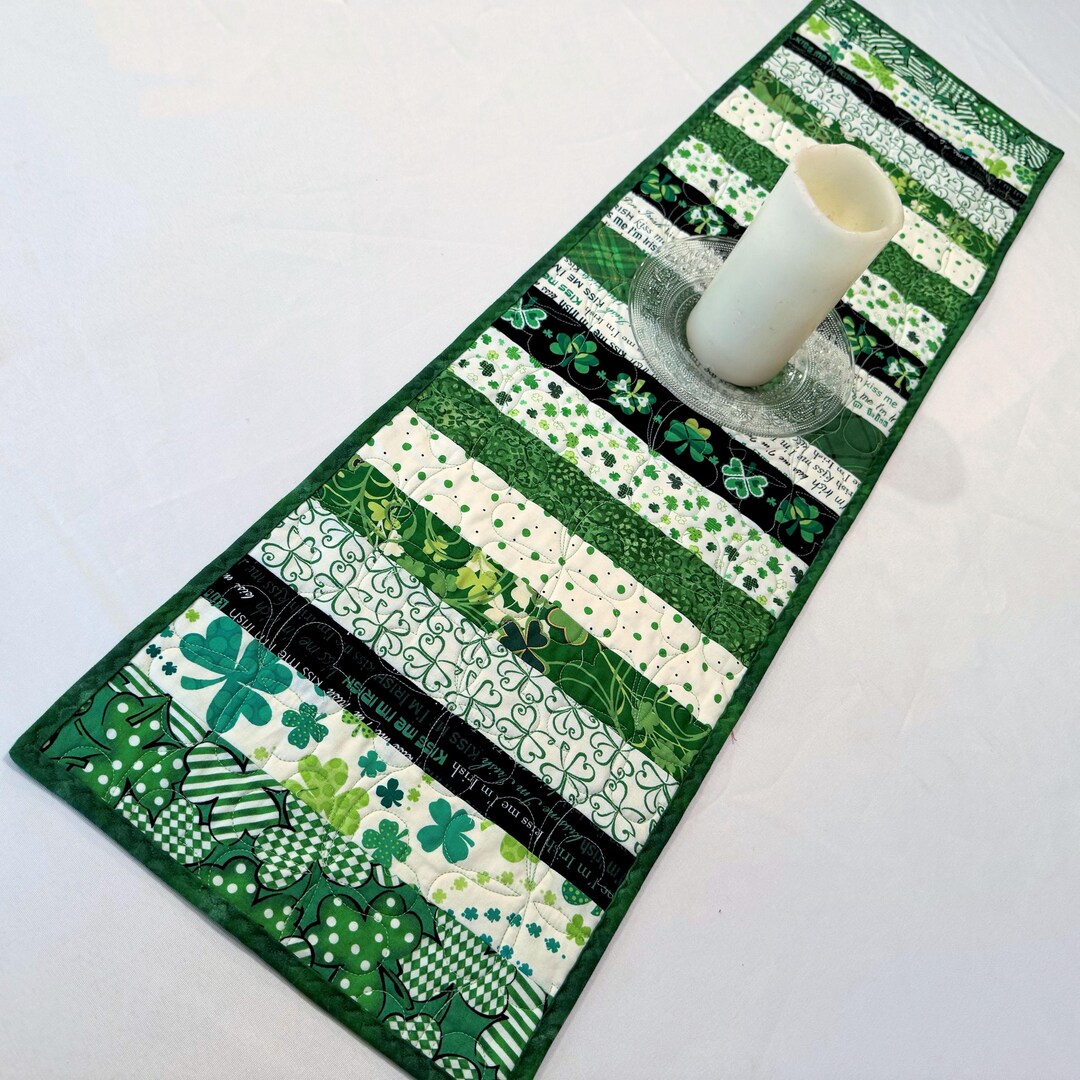 Quilted Table Runner for St Patricks Day, Scrappy Green and White ...