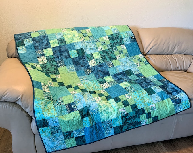 Lagoon Teal Blue and Green Lap Quilt or Sofa Throw, Quilted Handmade ...