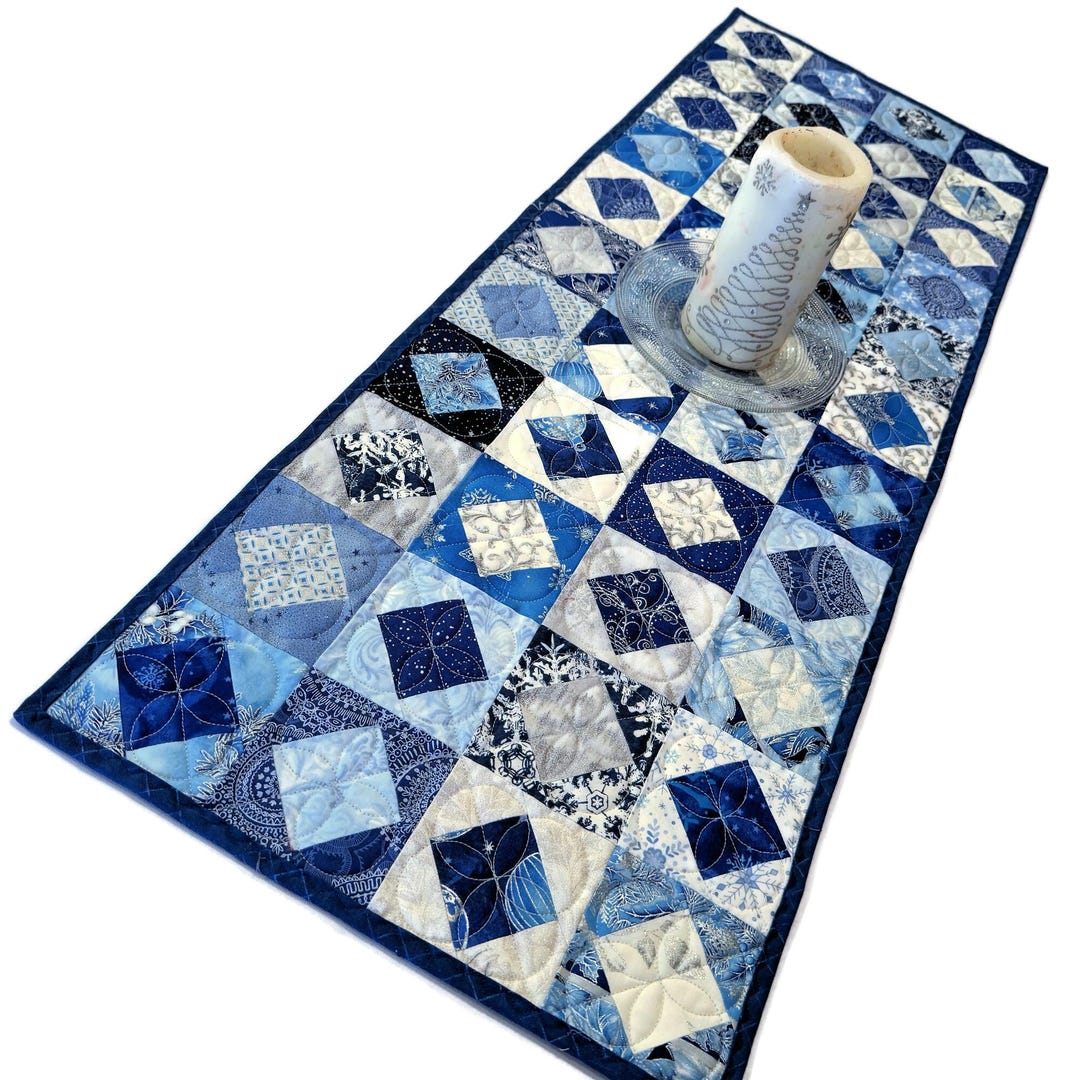 Blue and Silver Quilted Table Runner, Handmade Christmas or Hanukkah ...