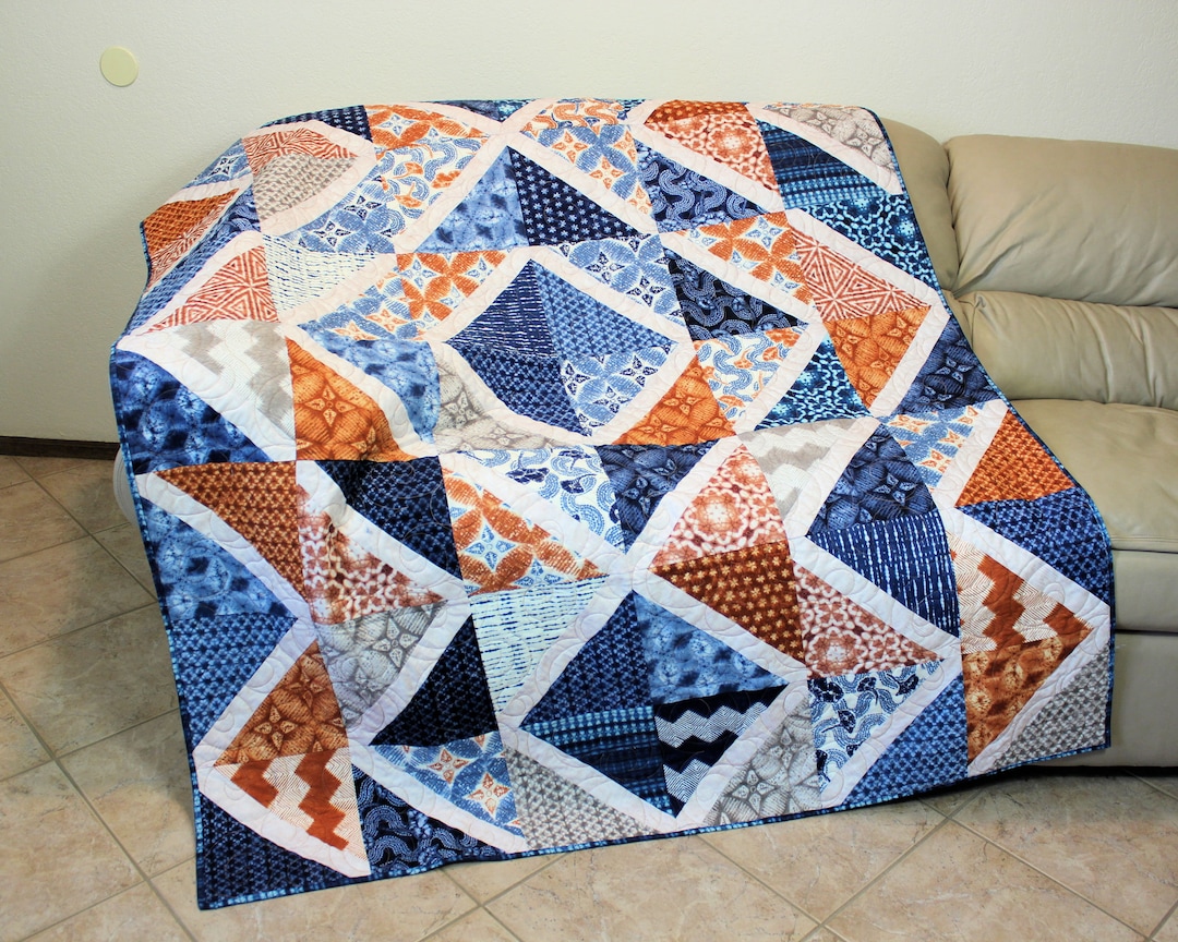 Quilted Sofa Throw in Rusty Brown and Blue, Kawa Handmade Patchwork Lap ...