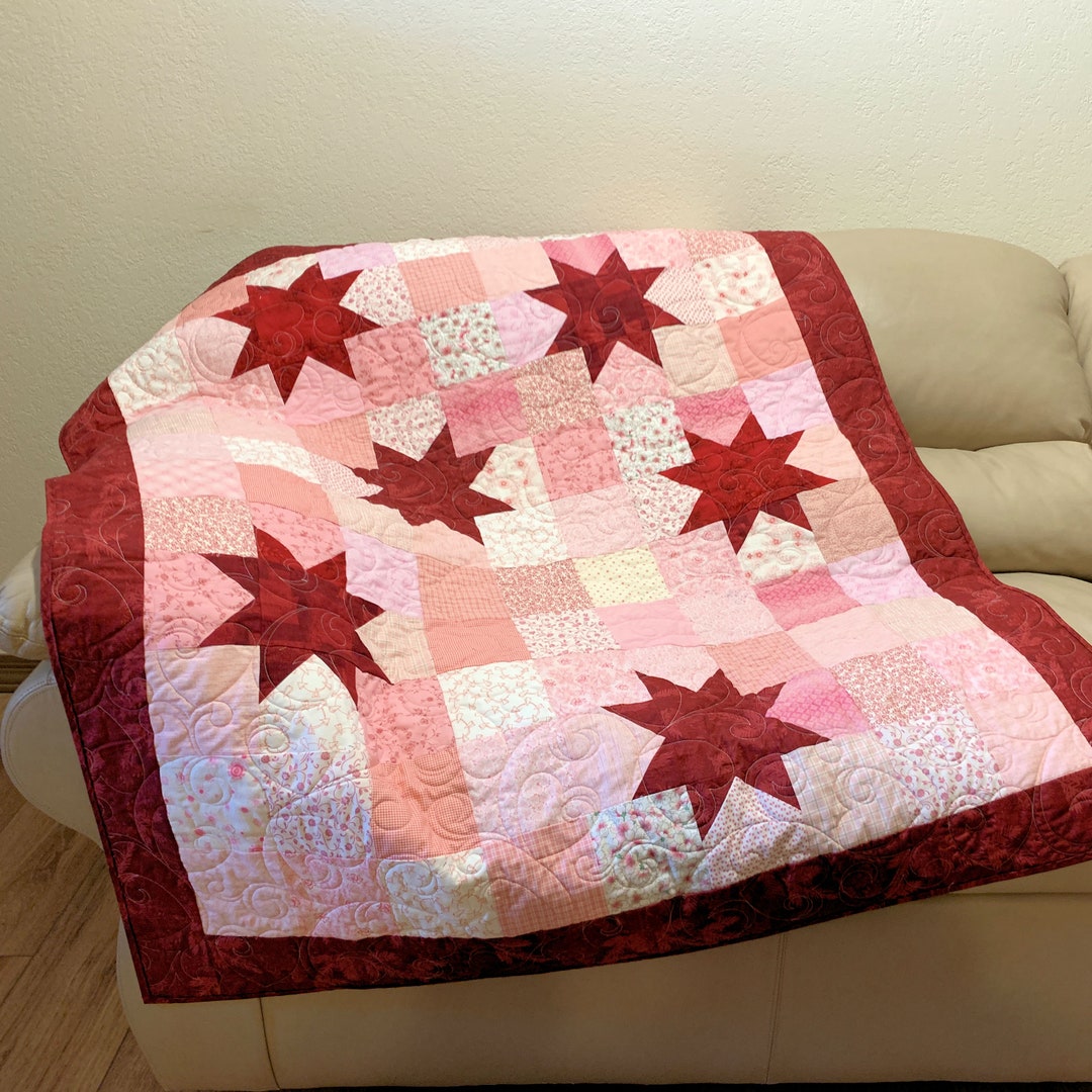 Valentine Stars Quilted Sofa Throw, Lap Quilt, Pink and Burgungey ...