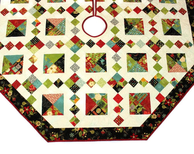 Jewel Box Quilted Christmas Tree Skirt, Red, Green, Black Patchwork ...