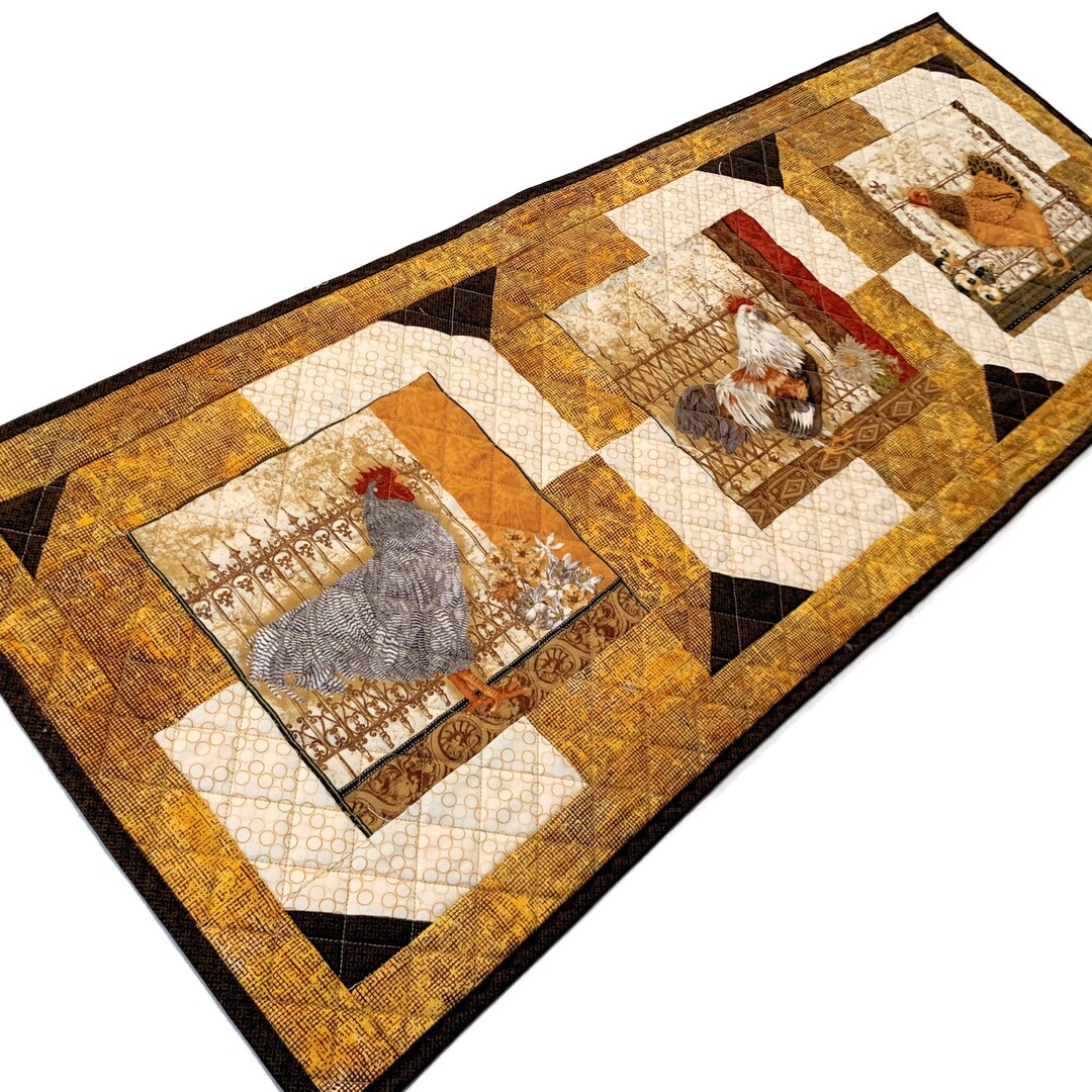 Chickens! Quilted Table Runner in Brown, Gold and Cream, Handmade ...