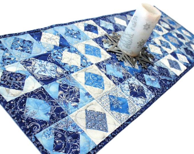 Blue and Silver Quilted Table Runner, Reversible Christmas Table Runner ...