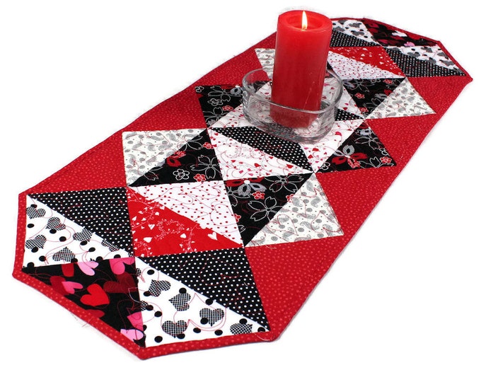 Quilted Table Runner, Hearts Table Runner With Red, White and Black ...