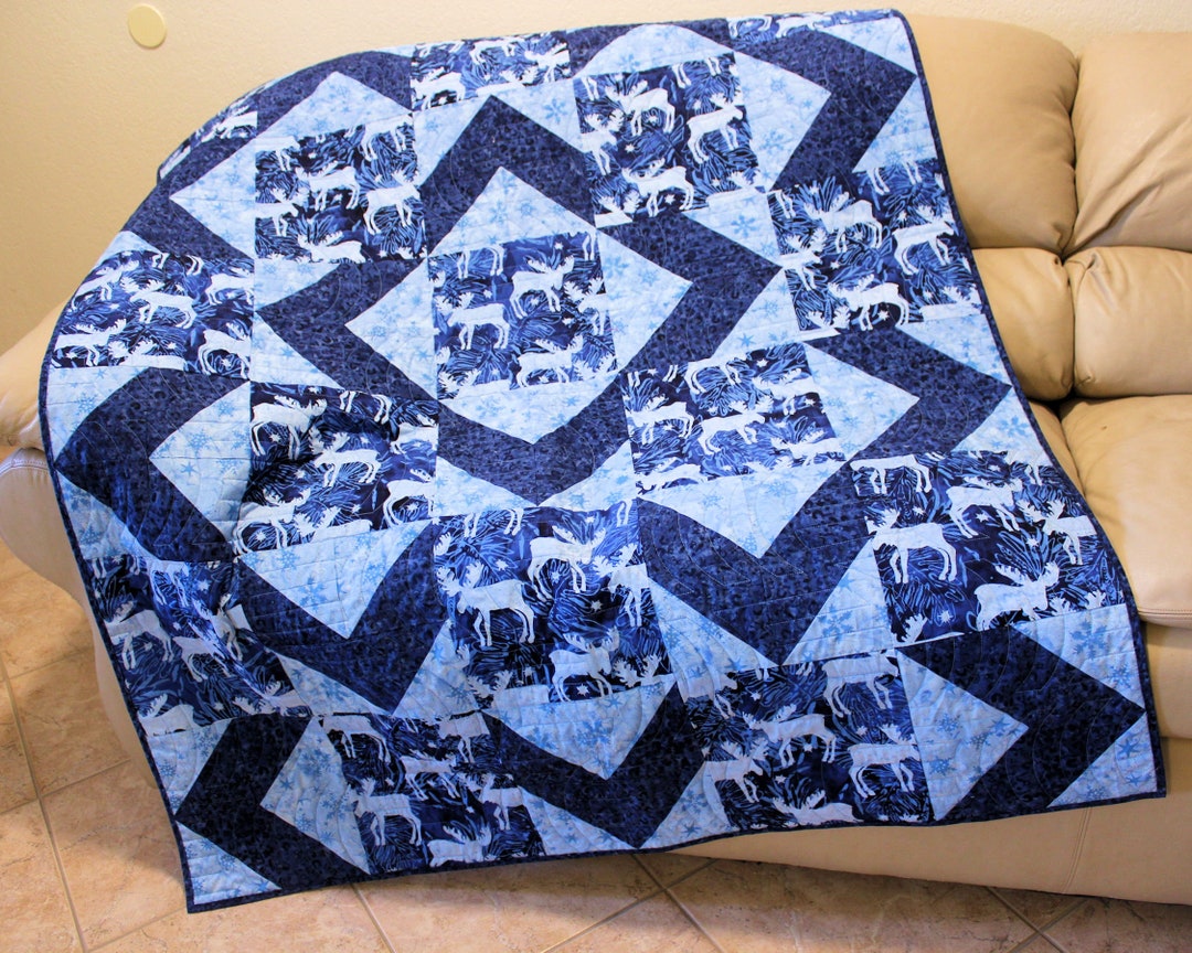 Blue Moose Batik Lap Quilt or Winter Sofa Throw In, Handmade Patchwork ...