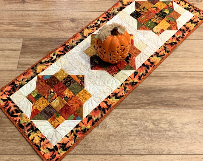 Abundance Autumn Quilted Table Runner in Gold, Green, Rusty Brown and ...