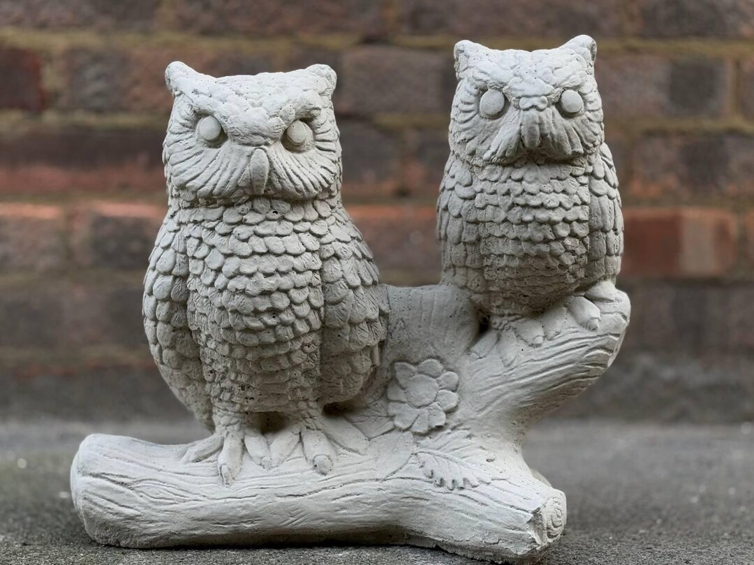 Stone Pair Owl Figure Concrete Large Bird Sculpture Outdoor Wildlife ...
