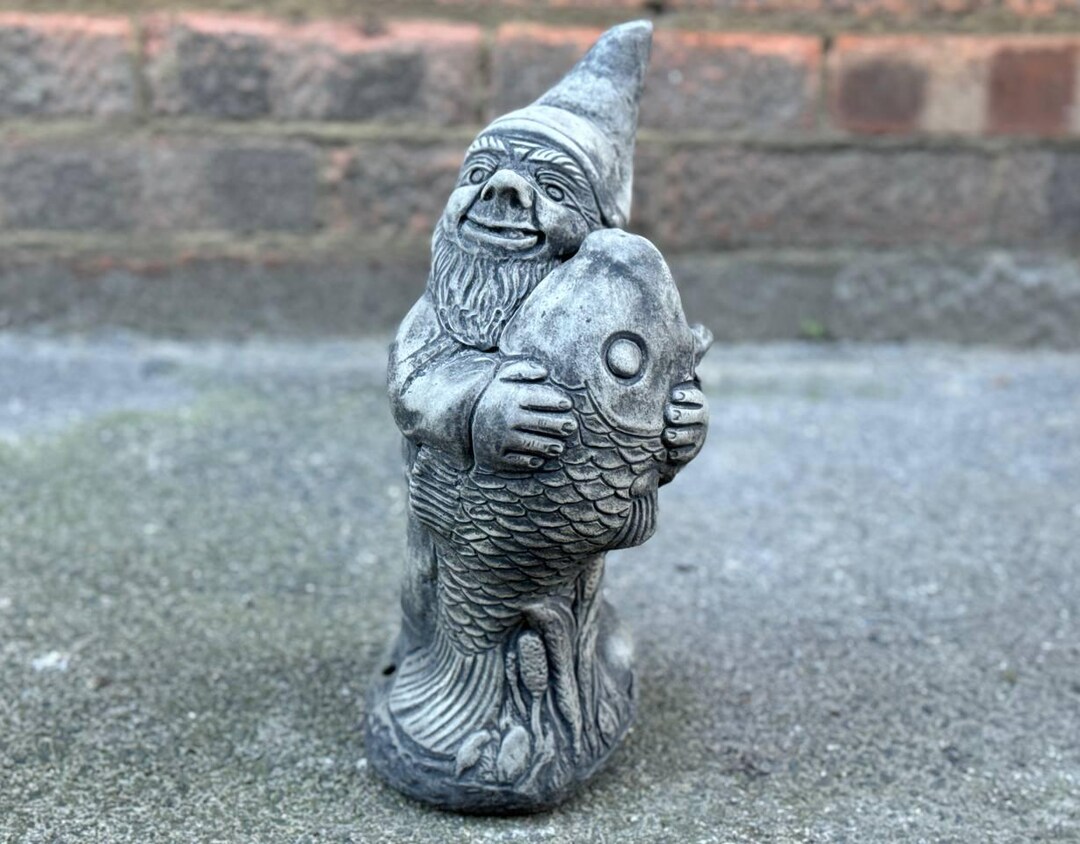 Stone Gnome With Fish Figurine Concrete Fishing Gnome Sculpture Farmer ...