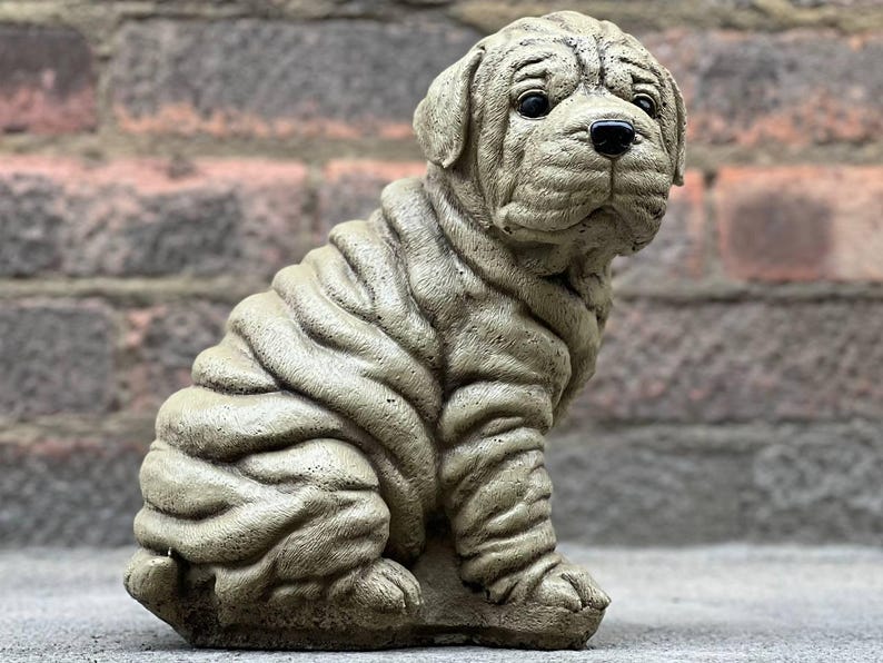 Outdoor Shar Pei Dog Statue Stone Wrinkled Puppy Sculpture Cement Dog ...