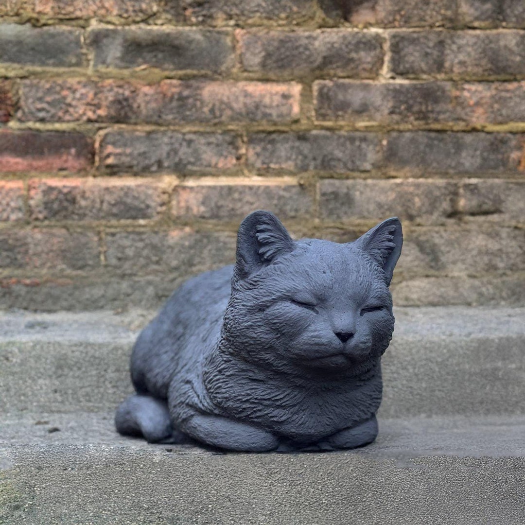 Stone Cat Statue Outdoor Kitty Figurine Garden Kitten Ornament Cement ...