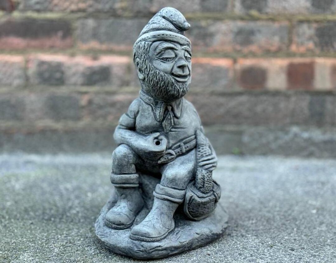 Outdoor Gnome With Fish Statue Concrete Fishing Gnome Sculpture Rustic ...