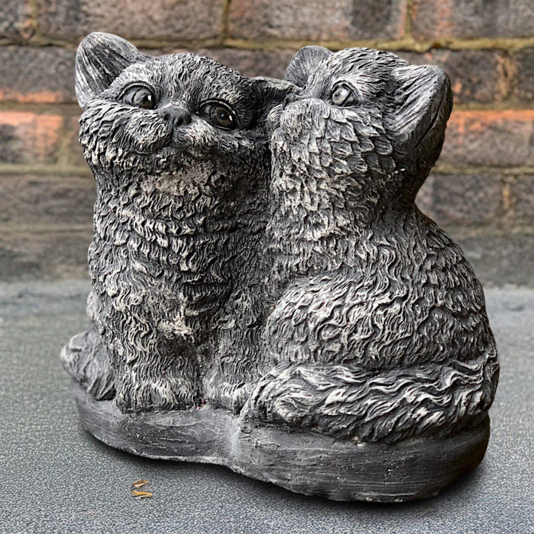 Concrete Kitty Pair Statue Cute Cat Garden Sculpture Handmade Outdoor ...
