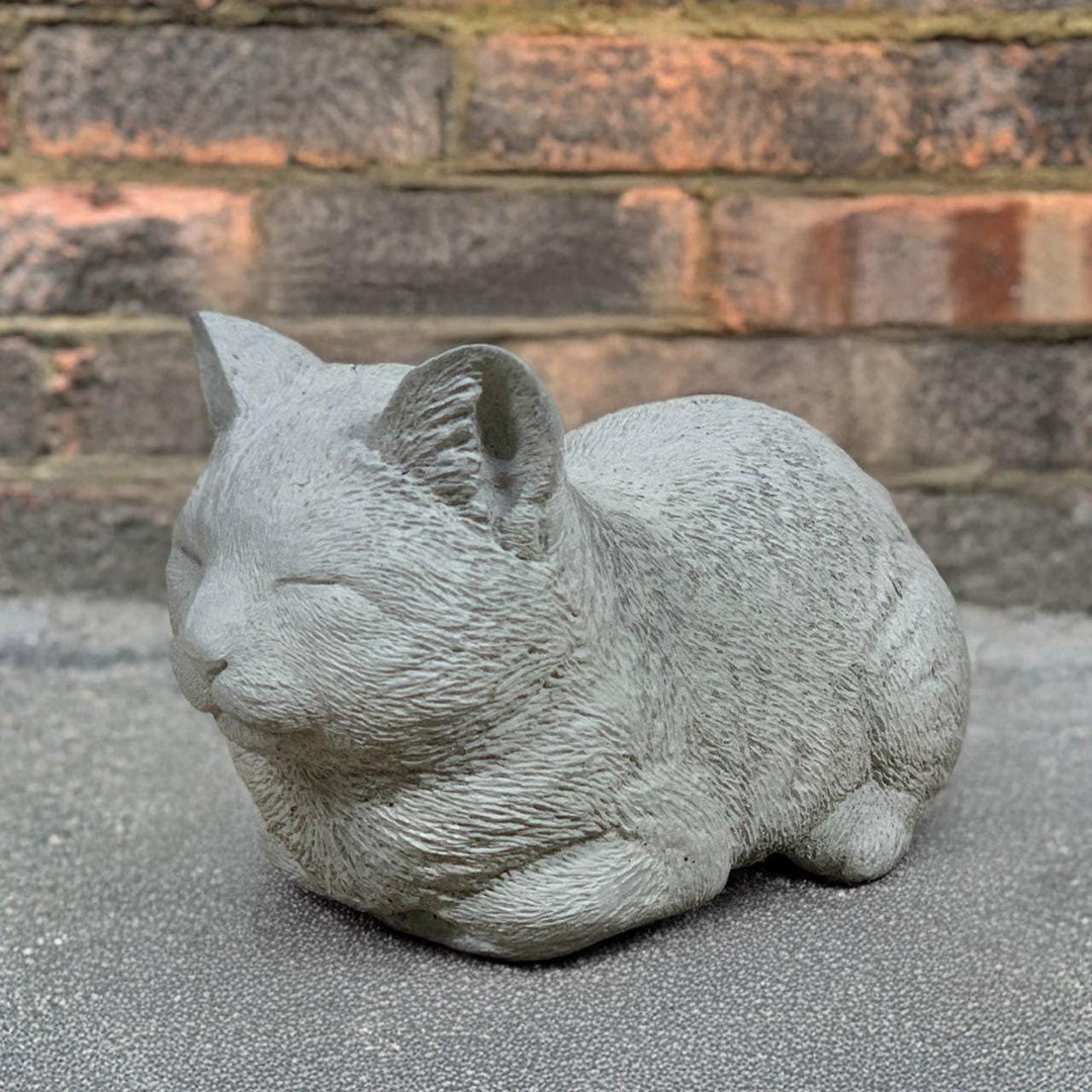 Stone Sleeping Kitty Statue Concrete Cat Figurine Garden Pet Sculpture ...