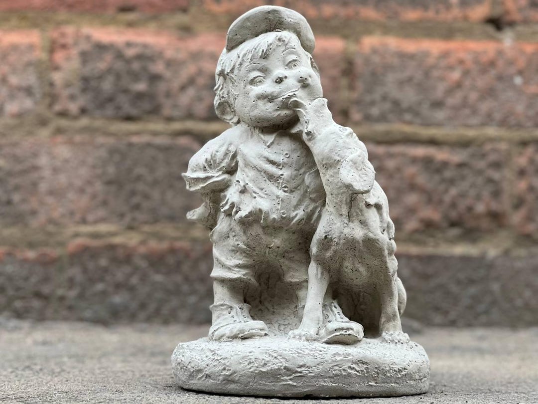 Handmade Boy With Lovely Dog Statue Concrete Children Figurine Cement ...