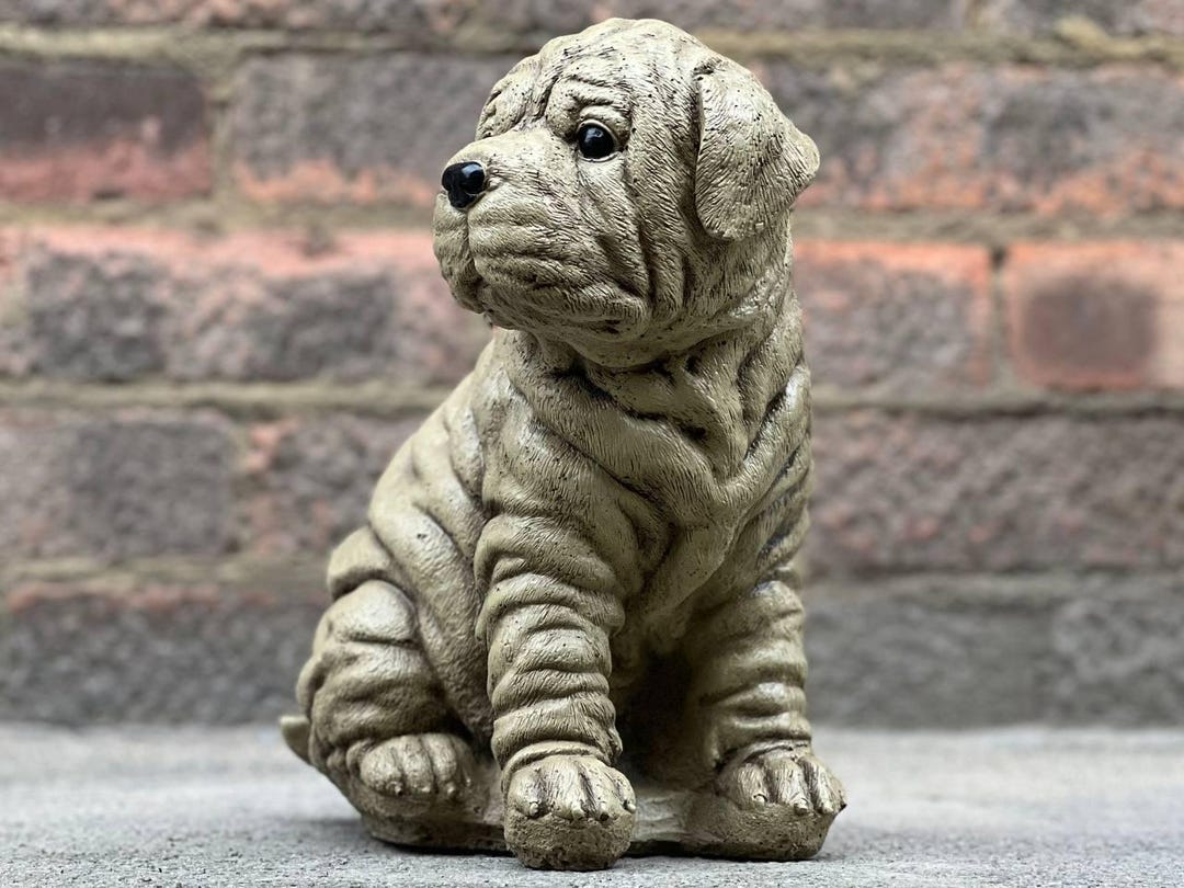 Outdoor Shar Pei Dog Statue Stone Wrinkled Puppy Sculpture Cement Dog ...