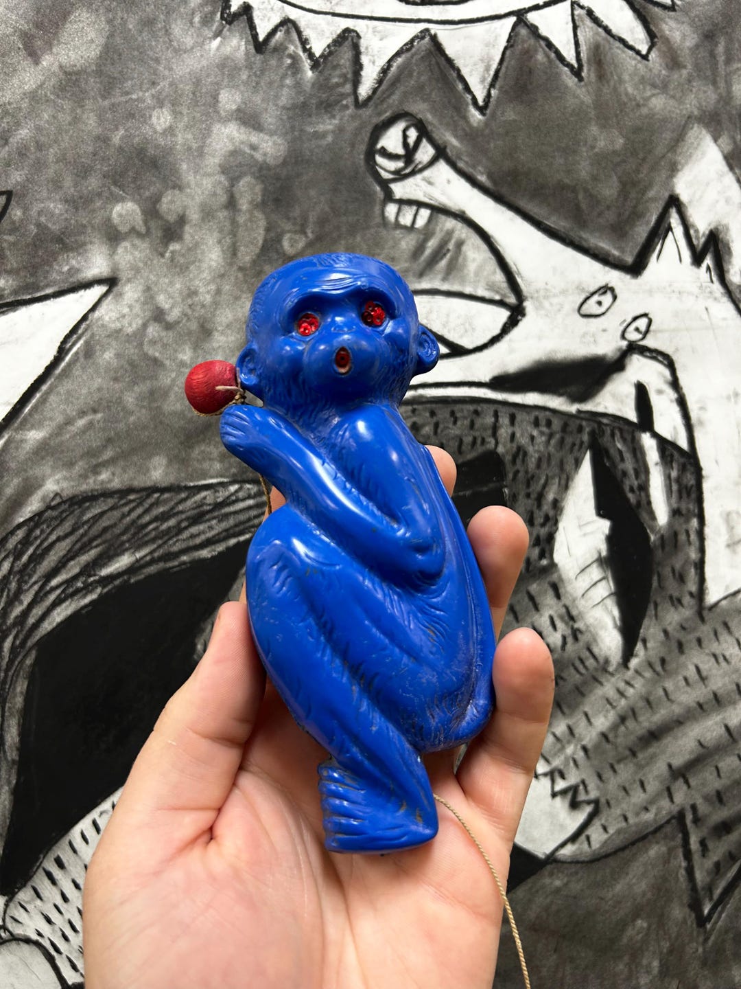 Vintage Hard Plastic Monkey With Sequin Eyes Holding Ball Blue Monkey ...