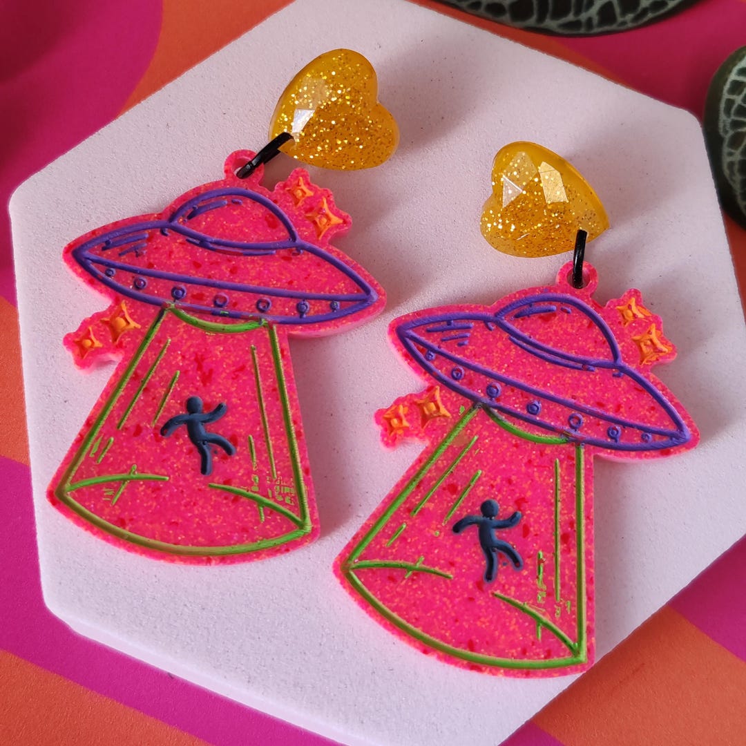 UFO Abduction Earrings – Retro Glitter Alien Earrings, Funky Space ...