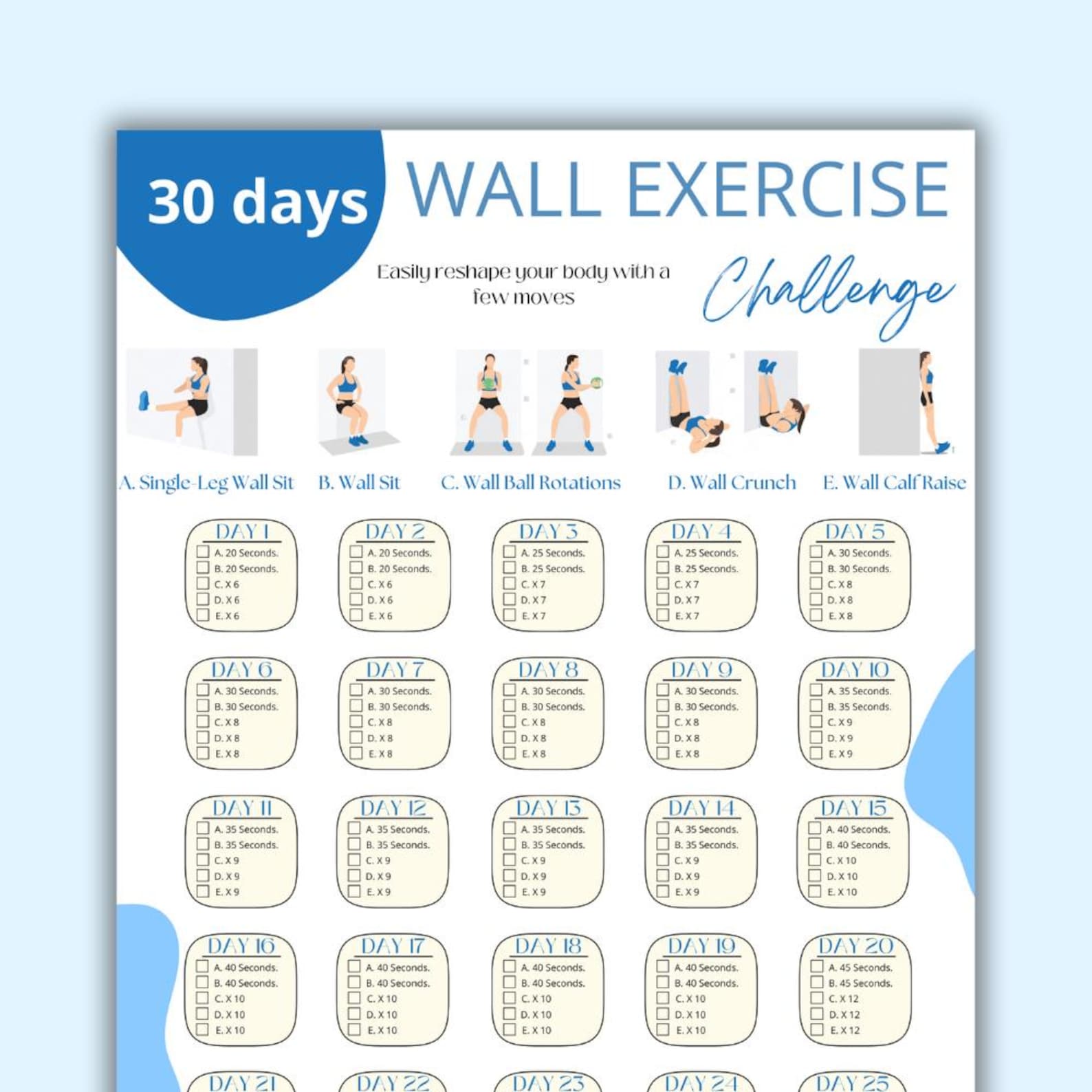 30 Day Wall Exercise Challenge Printable | Wall Fitness | Quick Workout ...