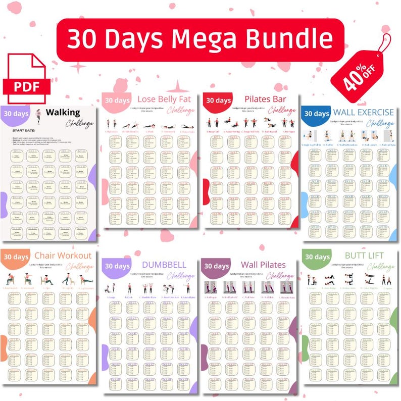 30 Day MEGA Workout Bundle Printable + Interactive Pdfs | 8 Bundles, 31 ...
