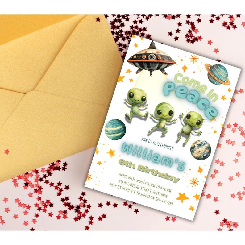 Editable Space Alien Kids Birthday Party Invitation, Kids Birthday ...