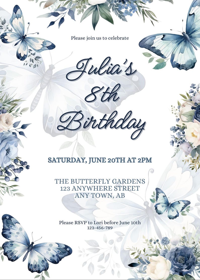 EDITABLE Blue Butterfly Floral Birthday Party Invitation Invite Any Age ...