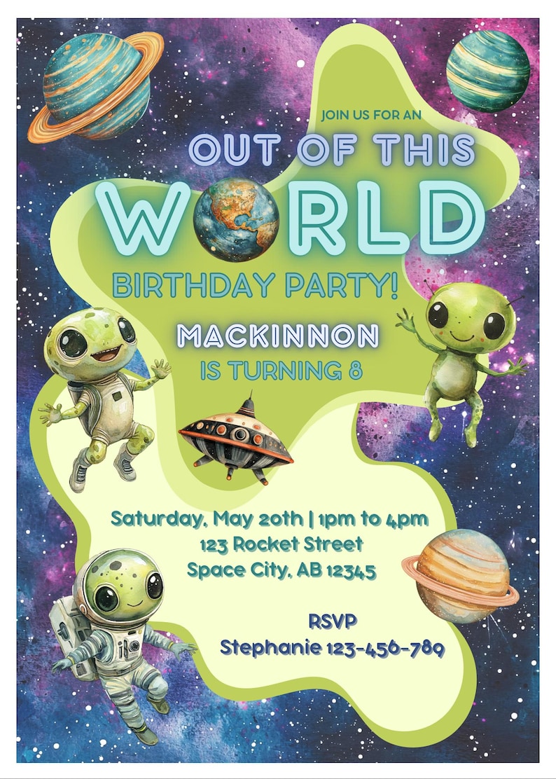 Editable Out of This World Space Alien Kids Birthday Party Invitation ...