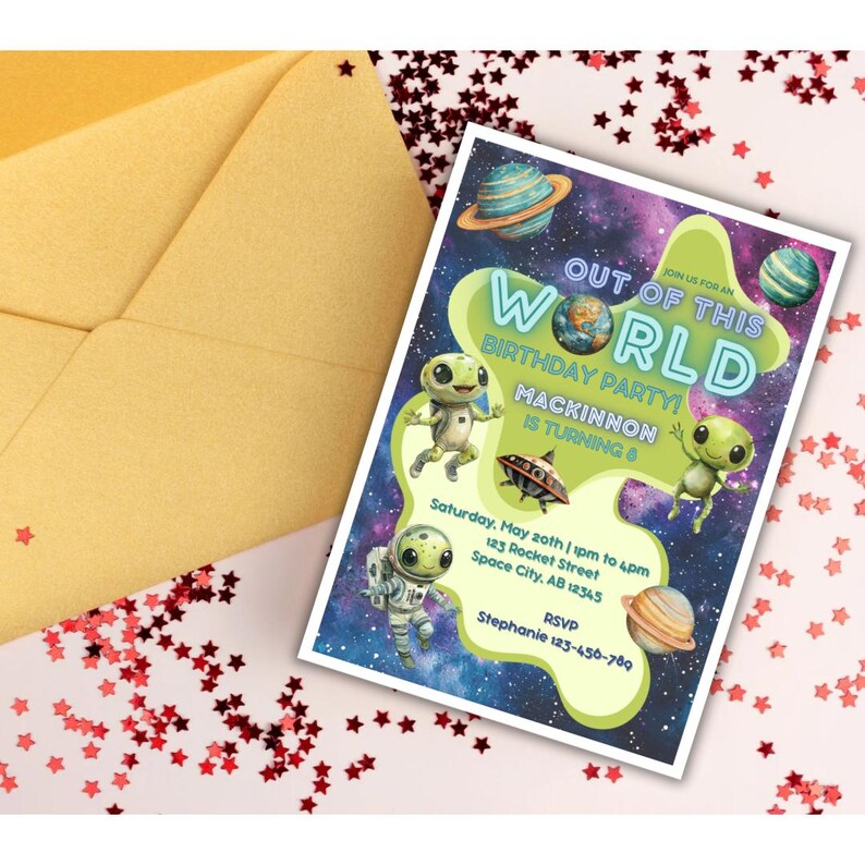 Editable Out of This World Space Alien Kids Birthday Party Invitation ...