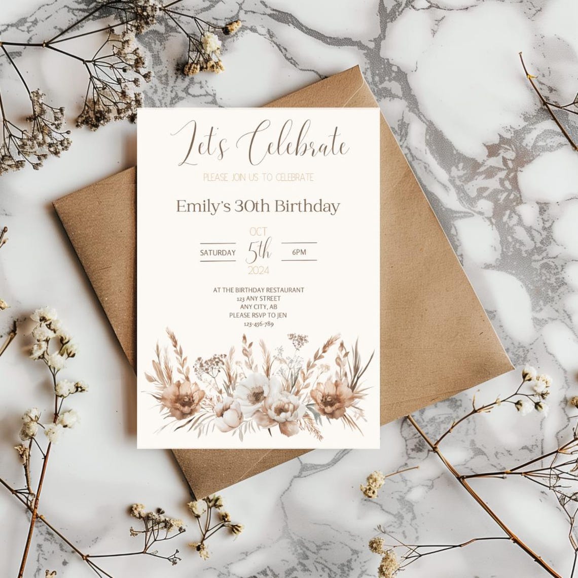 EDITABLE Boho Pampas Grass 30th Birthday Invitation Thirty Birthday ...