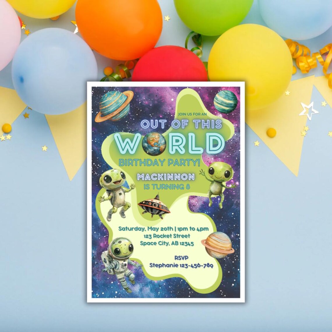Editable Out of This World Space Alien Kids Birthday Party Invitation ...