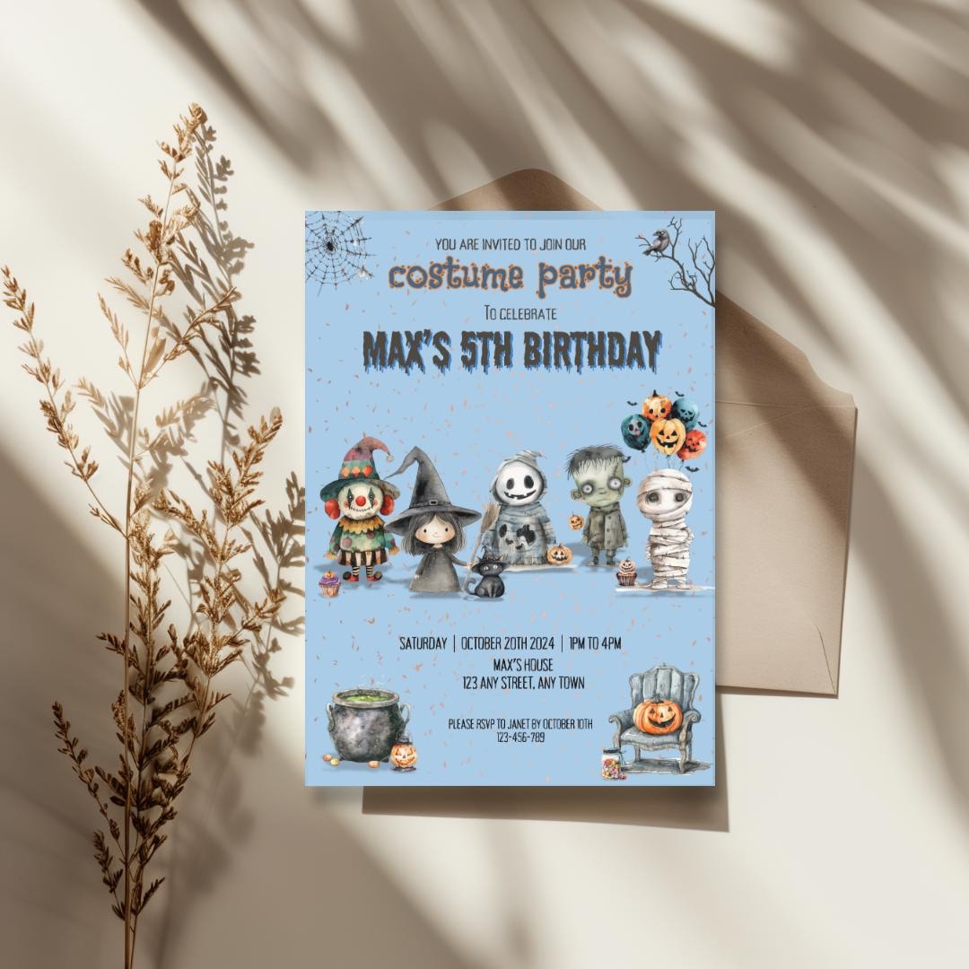 EDITABLE Halloween 5th Birthday Party Boy Girl Invitation Costume Party ...