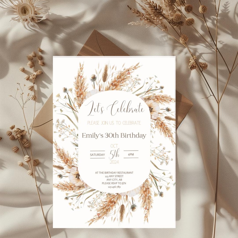 EDITABLE Neutral Boho Pampas Grass 30th Birthday Invitation Thirty ...