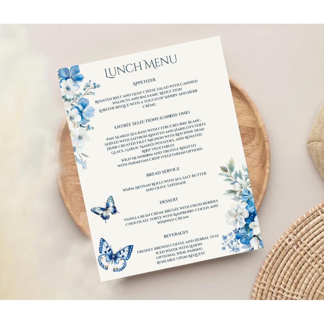 Elegant Printable Blue Floral Lunch Menu, Customizable Formal Menu ...