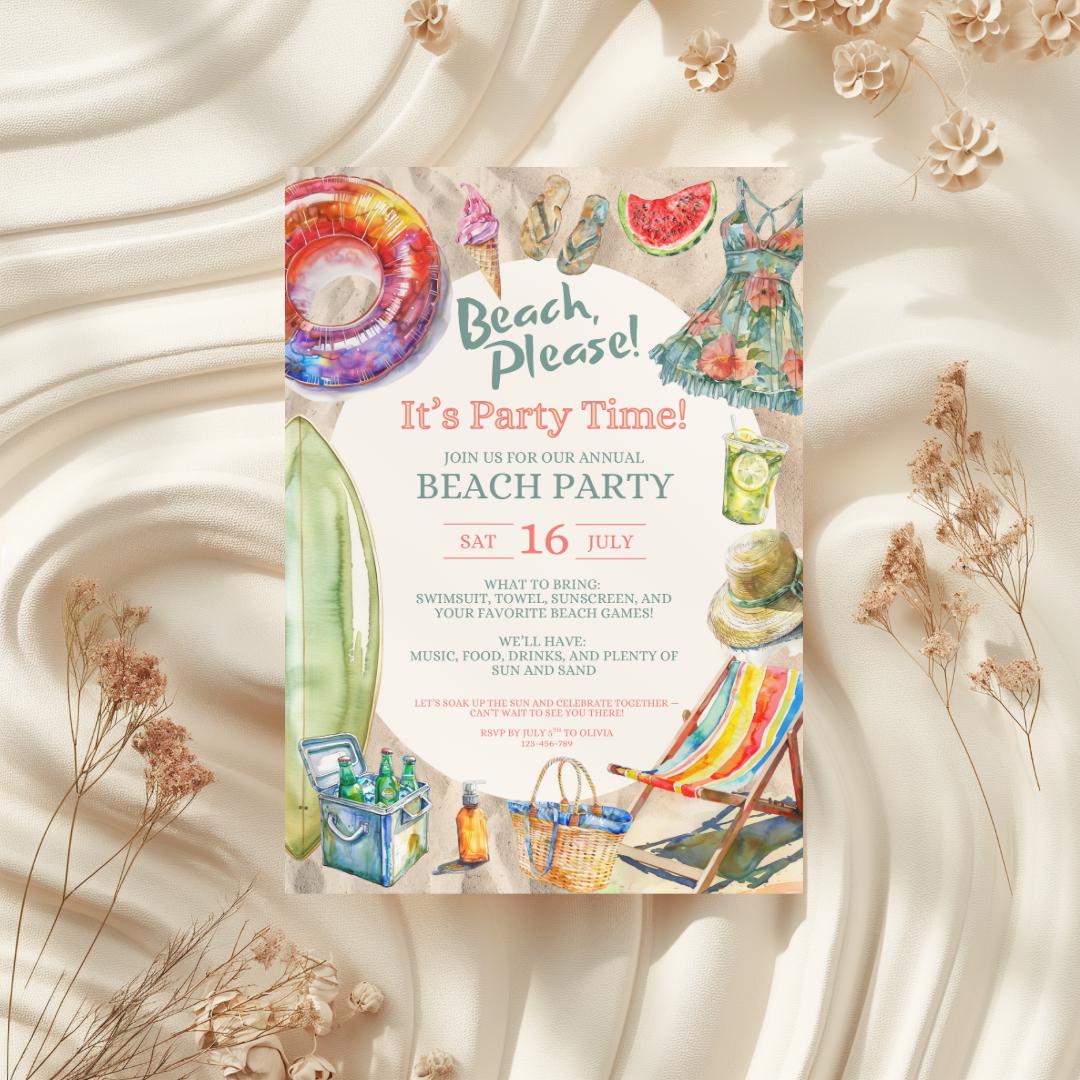 Editable Adult Beach Party Invitation, Beach Please It’s Party Time ...