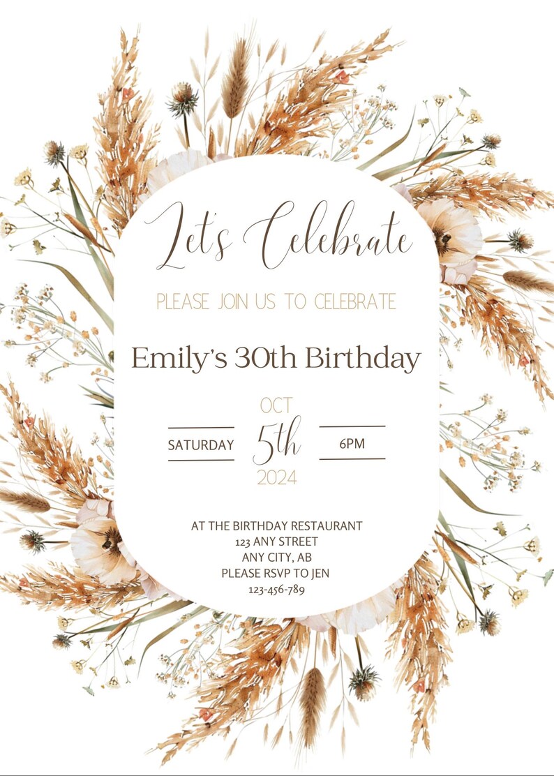 EDITABLE Neutral Boho Pampas Grass 30th Birthday Invitation Thirty ...
