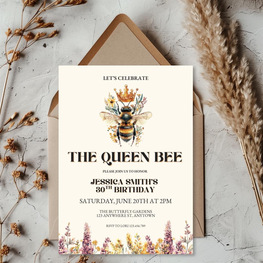 Queen Bee Birthday Invitation, Editable Digital Template, Elegant Bee ...